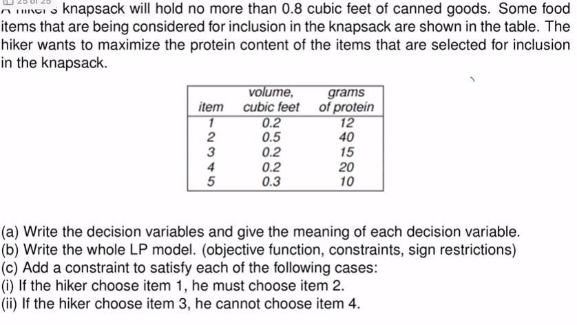 Solved sinc o knapsack will hold no more than 0.8 cubic feet | Chegg.com