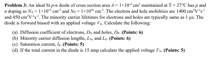 Solved Problem 3: An ideal Si p−n diode of cross section | Chegg.com