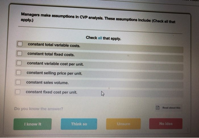 Solved Managers make assumptions in CVP analysls. These | Chegg.com