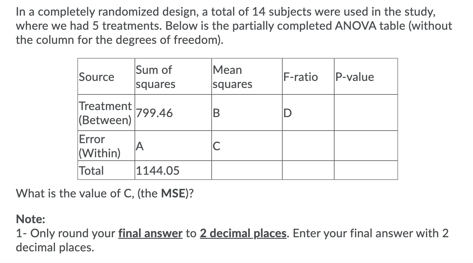 Solved In a completely randomized design, a total of 14 | Chegg.com