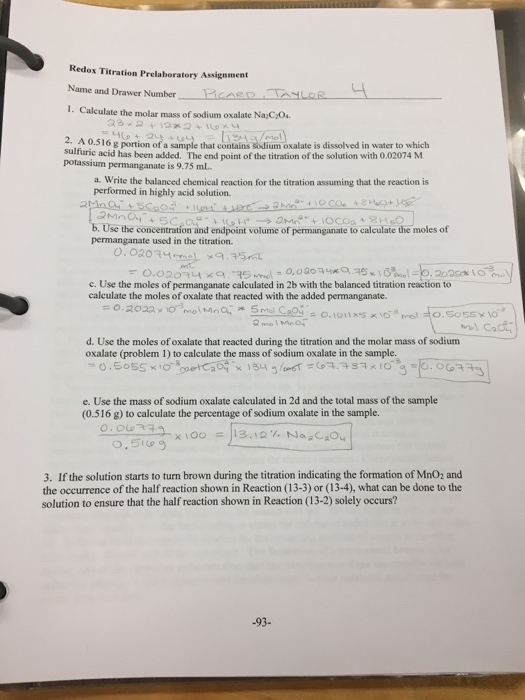 Solved Redox Titration Prelaboratory Assignment Name and | Chegg.com