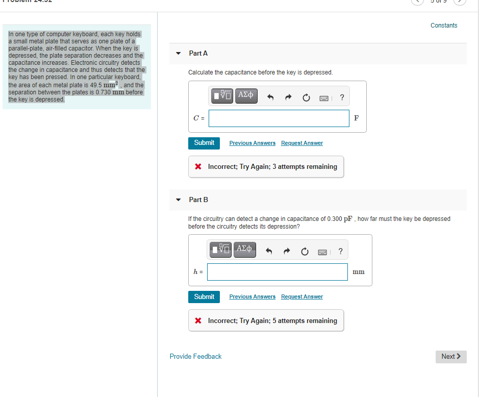 Solved Constants Part A In one type of computer keyboard, | Chegg.com