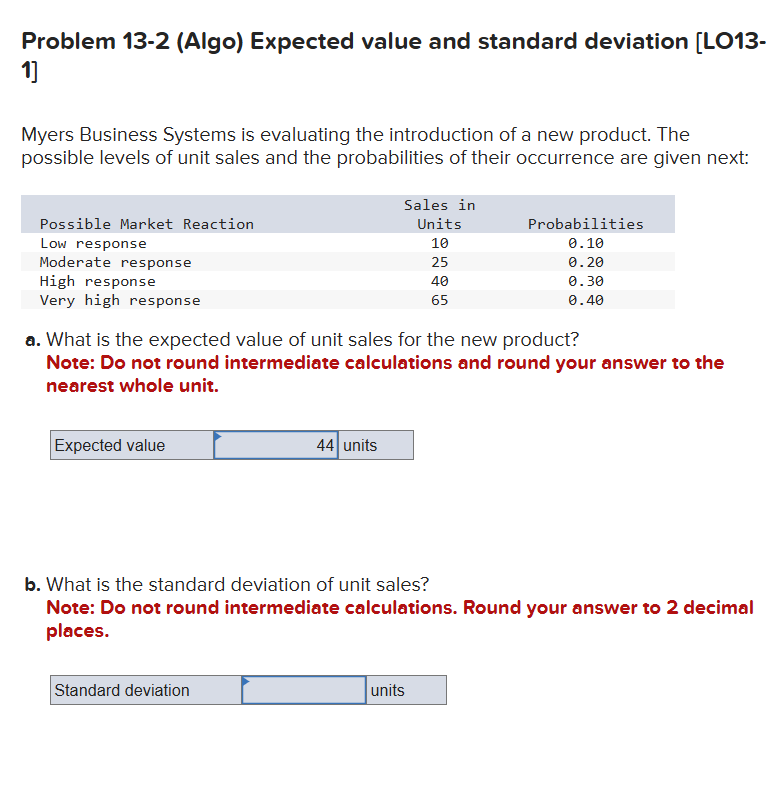 Solved Problem 13-2 (Algo) ﻿Expected value and standard | Chegg.com