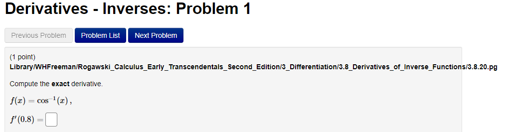 Solved Derivatives - Inverses: Problem 1 Previous Problem | Chegg.com