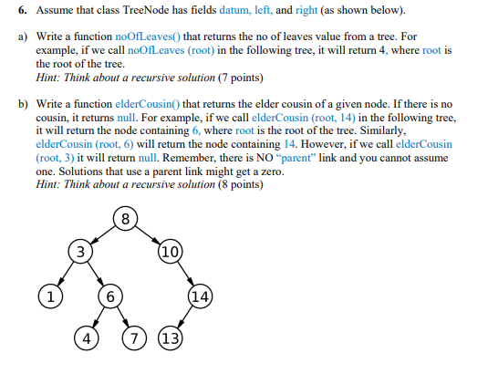 Solved 6. Assume that class TreeNode has fields datum, left, | Chegg.com