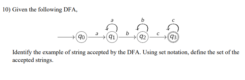 Solved 10) Given the following DFA, b b 90 91 42 93 Identify | Chegg.com