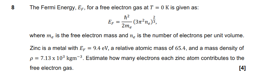 Solved 8 EF +(3^2n.), The Fermi Energy, Ep, for a free | Chegg.com