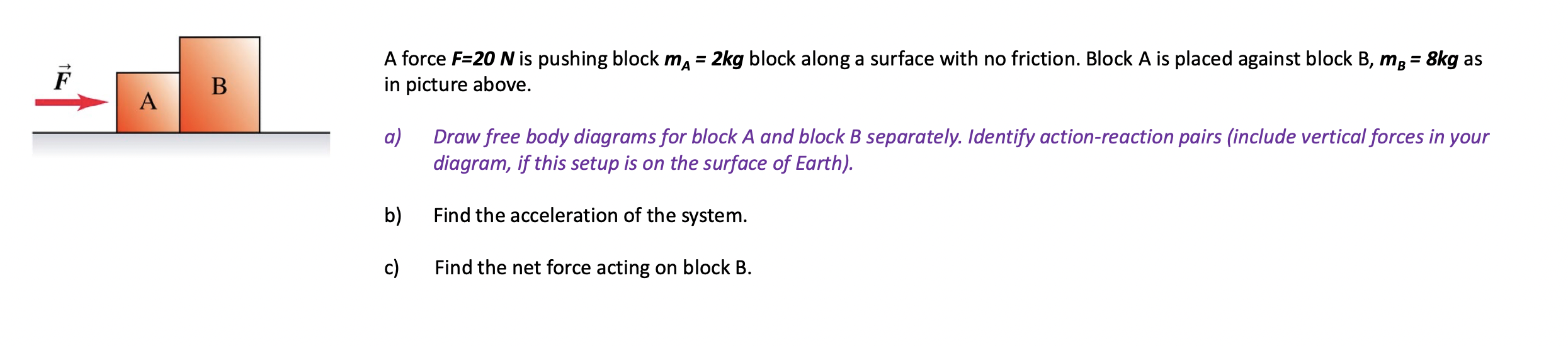 Solved A force F=20N is pushing block mA=2kg block along a | Chegg.com