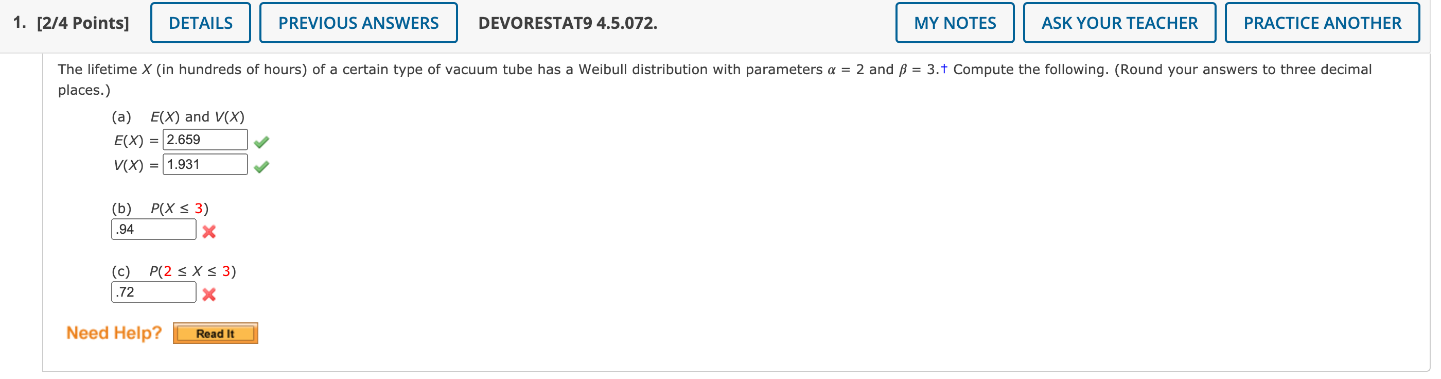 Solved 1. [2/4 Points] DETAILS PREVIOUS ANSWERS DEVORESTAT9 | Chegg.com