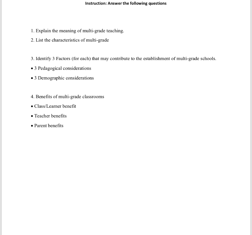 1. Explain the meaning of multi-grade teaching. 2. | Chegg.com