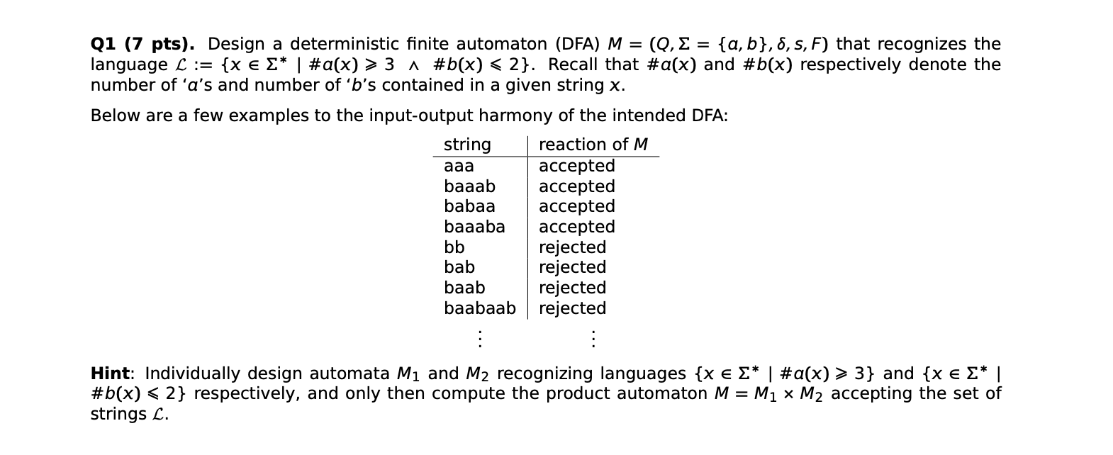 Solved Q1 (7 pts). Design a deterministic finite automaton | Chegg.com