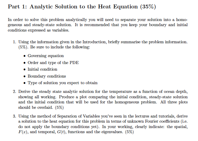Part 1: Analytic Solution to the Heat Equation (35%) | Chegg.com