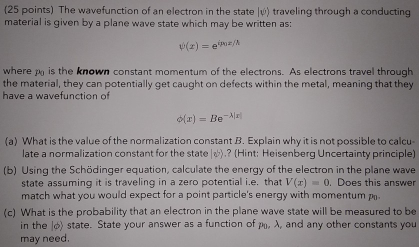 Solved 25 Points The Wavefunction Of An Electron In The