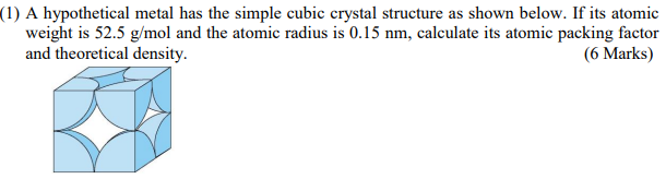 Solved 1) A hypothetical metal has the simple cubic crystal | Chegg.com
