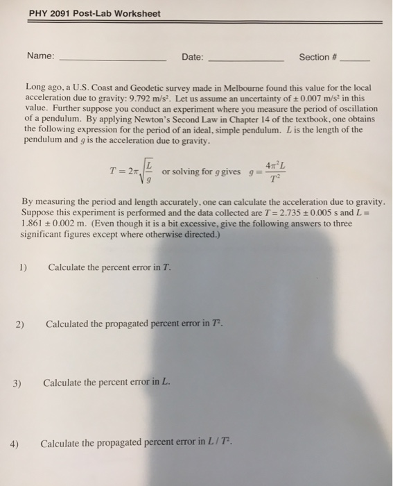 Solved PHY 2091 Post-Lab Worksheet Name: Date: Section # | Chegg.com