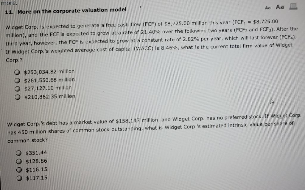 Solved more. 11. More on the corporate valuation model Aa Aa | Chegg.com