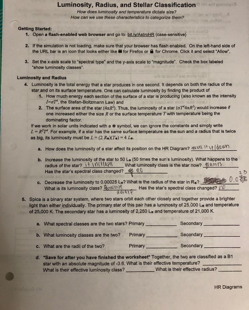 Luminosity, Radius, and Stellar Classification How | Chegg.com