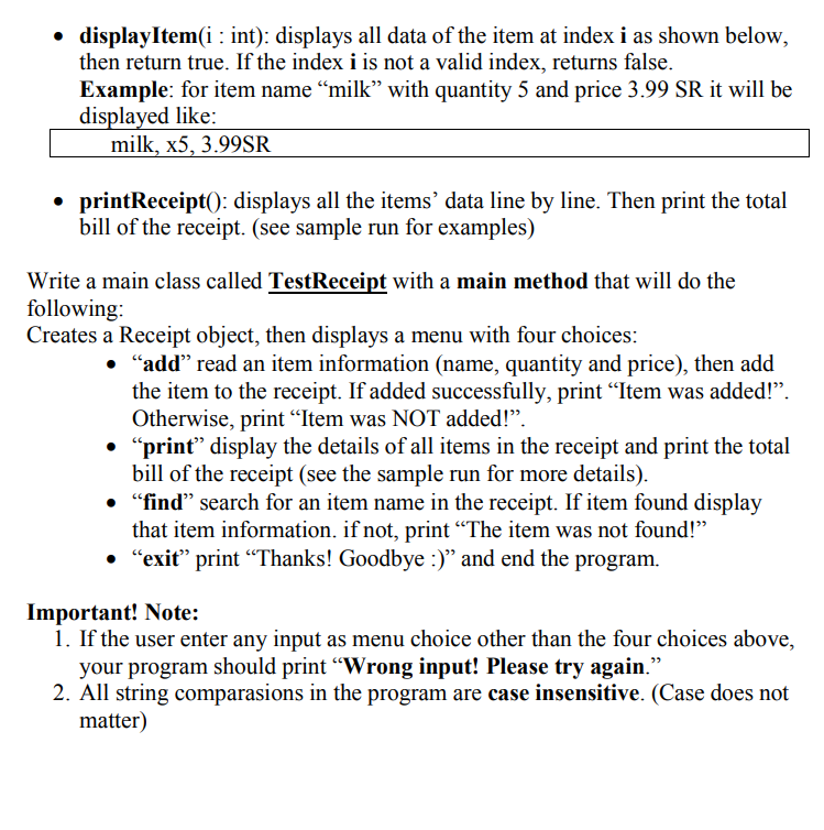 Solved Write a class Receipt that stores a list of items' | Chegg.com