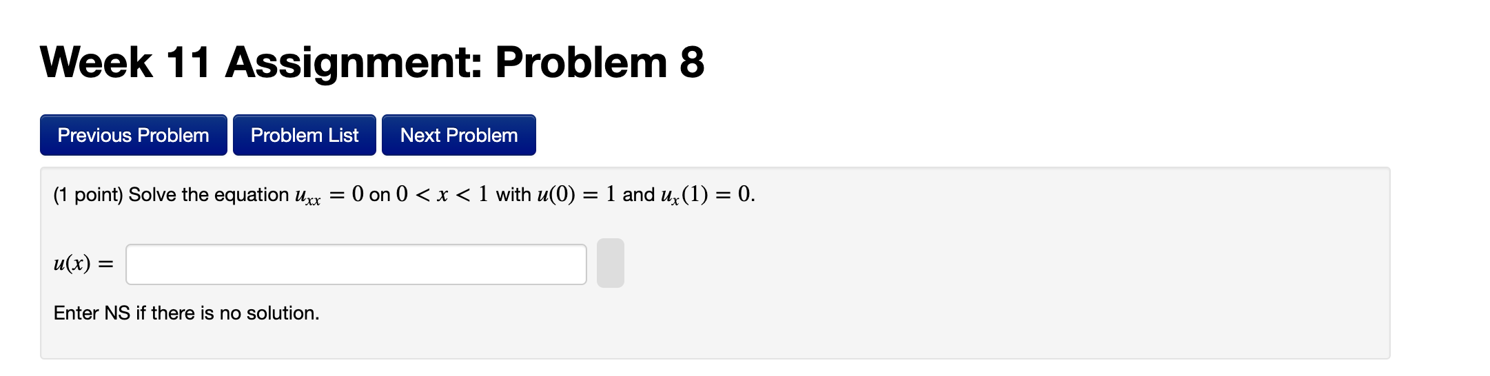 Solved Week 11 Assignment: Problem 8 Previous Problem | Chegg.com
