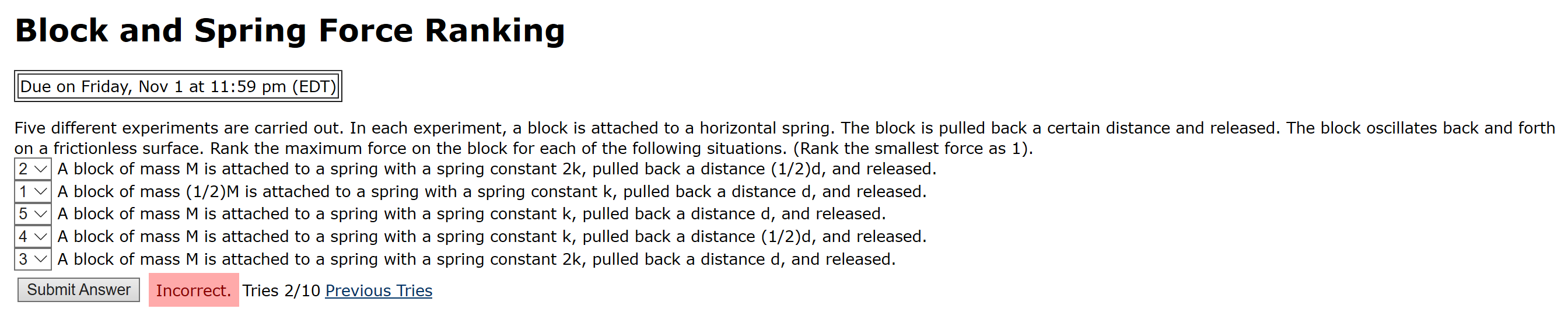 Solved Block and Spring Force Ranking Due on Friday, Nov 1 | Chegg.com