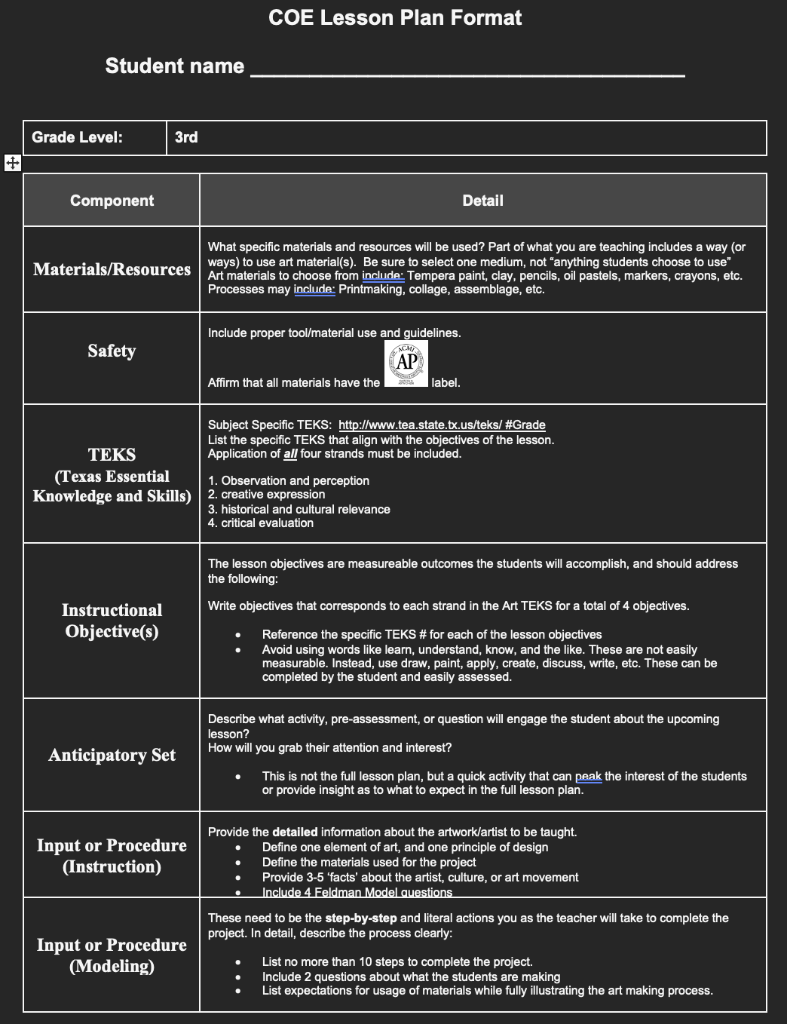 COE Lesson Plan Format Student name Grade Level: 3rd | Chegg.com