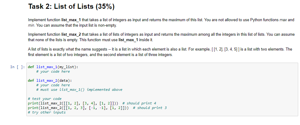 Solved Task 2: List of Lists (35%) Implement function | Chegg.com