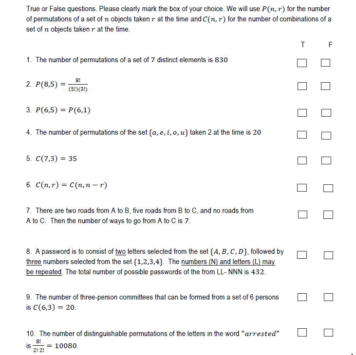 Solved True or False questions. Please clearly mark the box | Chegg.com