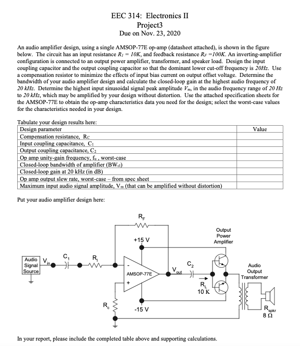EEC 314: Electronics II Project3 Due on Nov. 23, 2020 | Chegg.com