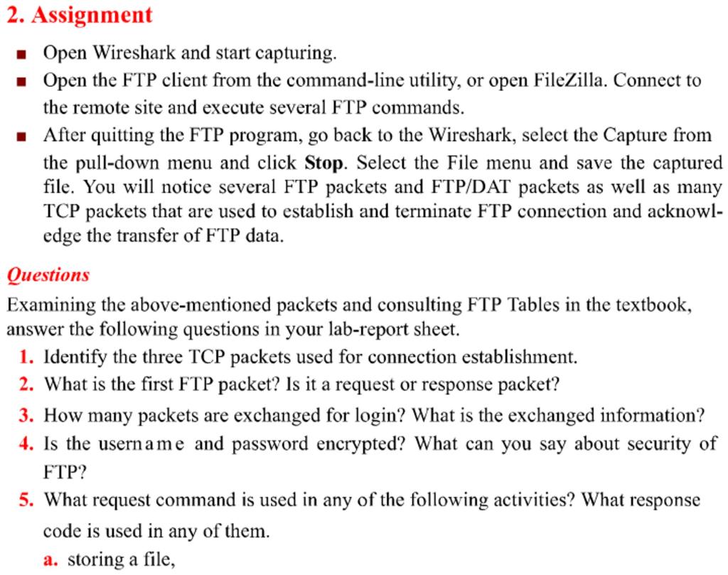 Solved - Open Wireshark and start capturing. - Open the FTP | Chegg.com
