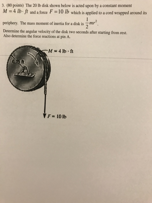Solved 3. (80 points) The 20 lb disk shown below is acted | Chegg.com