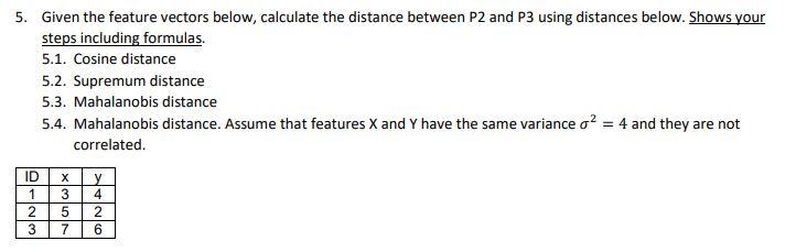 Solved 5. Given the feature vectors below, calculate the | Chegg.com