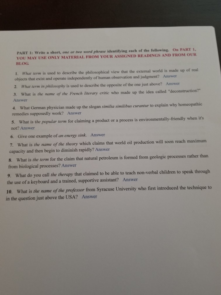 PART I: Write a short, one or neo word phrase | Chegg.com