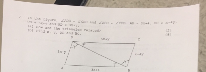 Solved In the figure, ADB = CBD and ABD = CDB. AB = 3x + | Chegg.com
