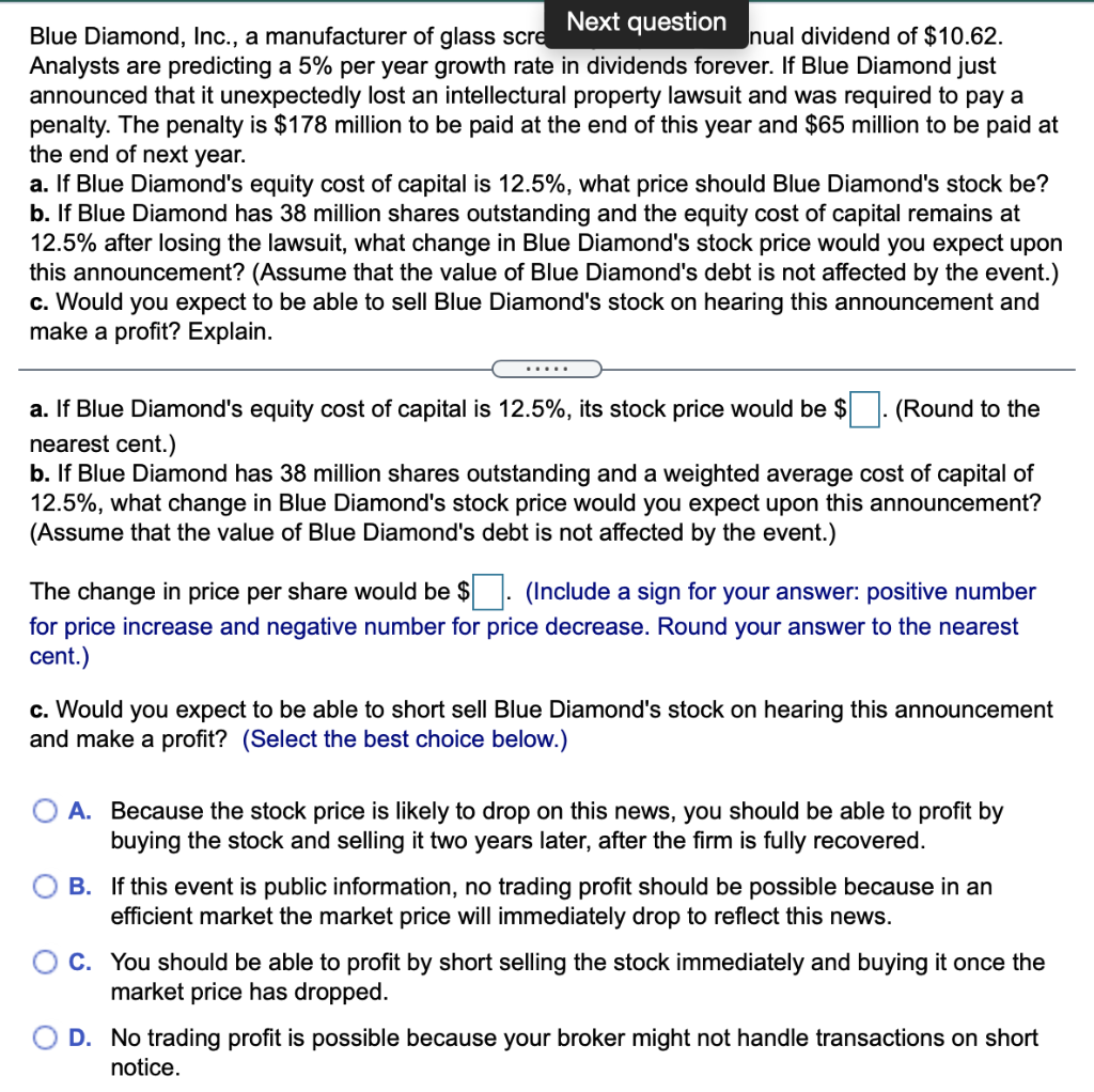 Solved Next question Blue Diamond, Inc., a manufacturer of | Chegg.com