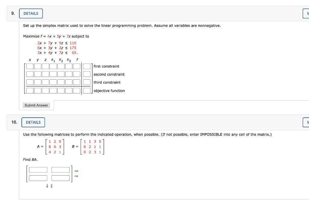 Solved 9. DETAILS C Set up the simplex matrix used to solve | Chegg.com