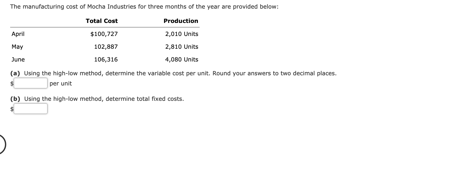 Solved The manufacturing cost of Mocha Industries for three | Chegg.com