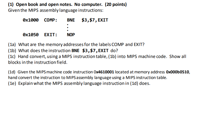 Solved (1) Open book and open notes. No computer. (20 | Chegg.com