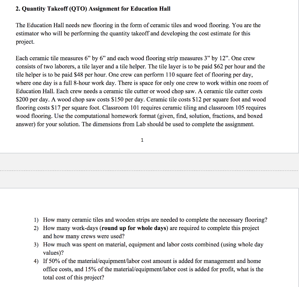 Solved 2. Quantity Takeoff (QTO) Assignment for Education | Chegg.com