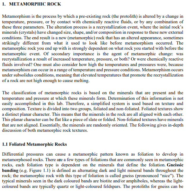 Solved 1. METAMORPHIC ROCK Metamorphism is the process by | Chegg.com