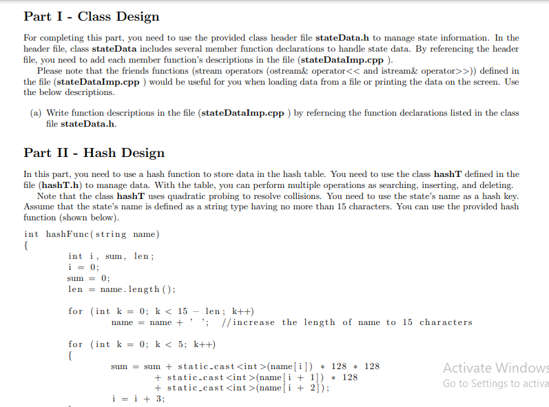 Part I - Class Design For completing this part, you | Chegg.com