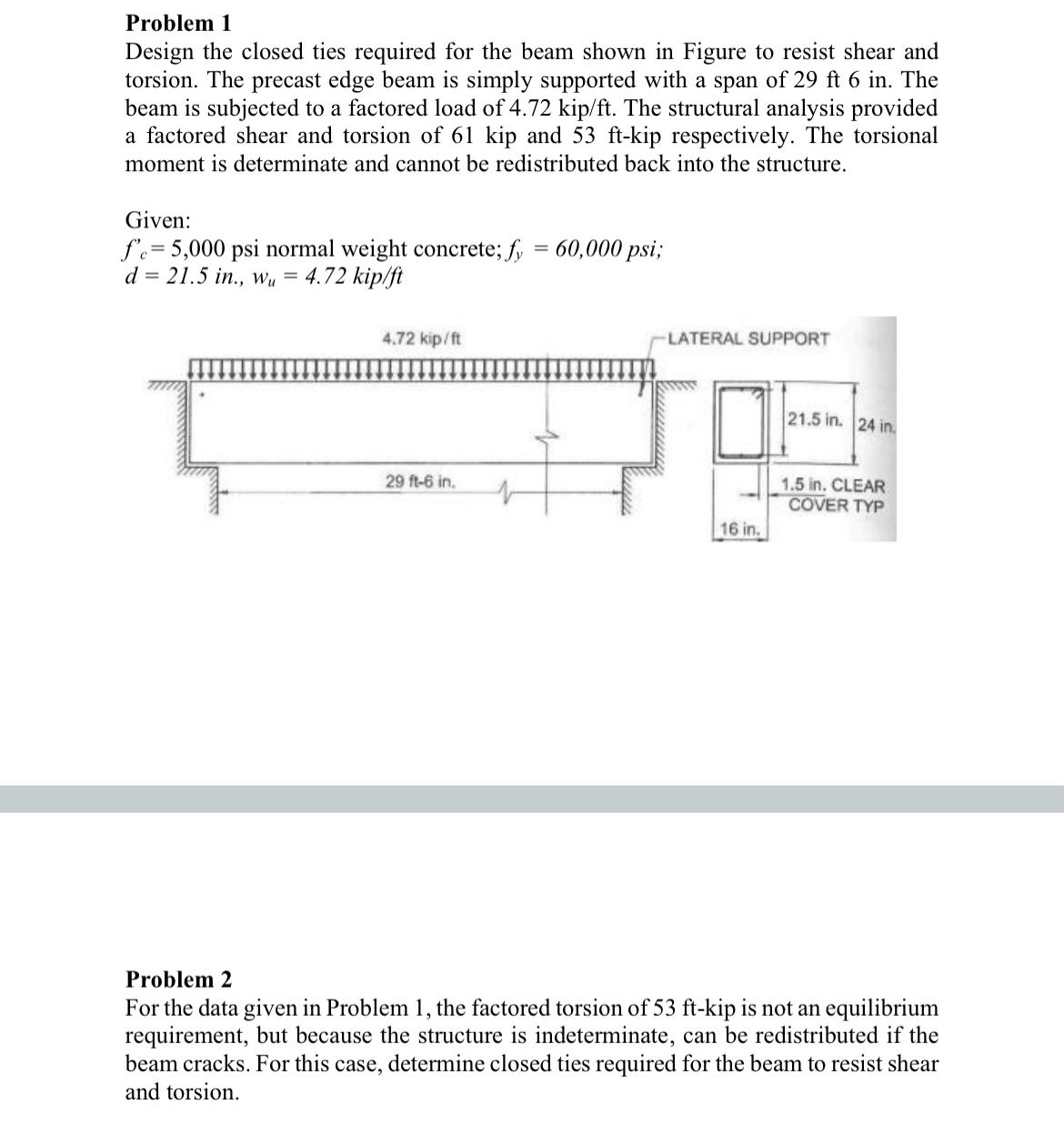 Solved Problem 1Design the closed ties required for the beam | Chegg.com