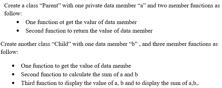 Solved Create a class “Parent” with one private data member | Chegg.com