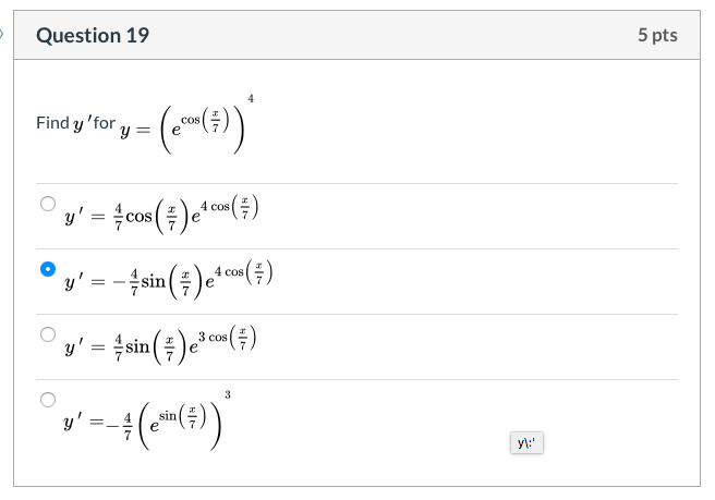 Solved Question 19 5 pts Find y'for y= (cm«(?)) ºy' = { | Chegg.com Solved Question 19 5 pts Find y'for y= (cm«(?)) ºy' = { | Chegg.com