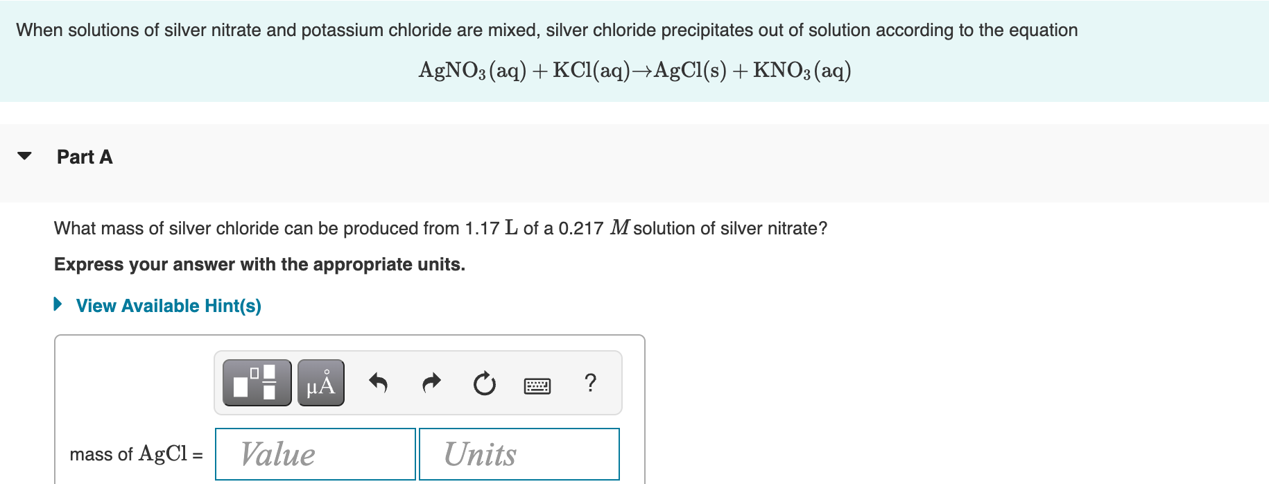 Solved AgNO3(aq)+KCl(aq)→AgCl(s)+KNO3(aq) Part A What mass | Chegg.com