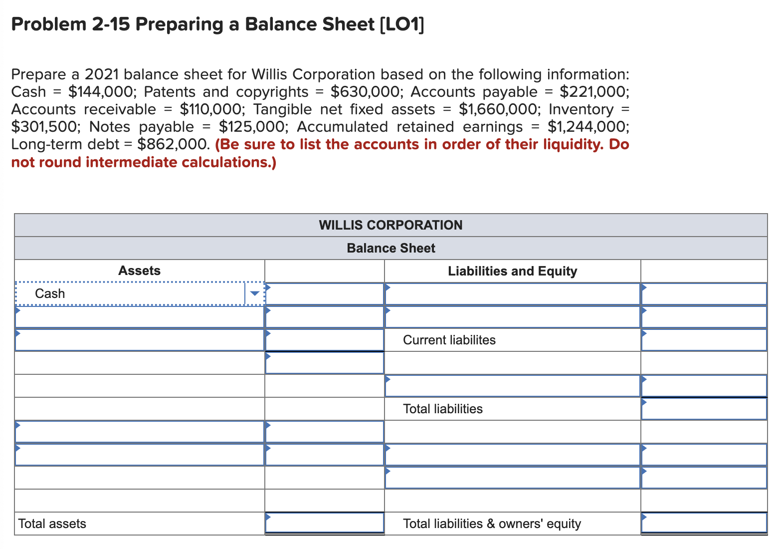 Solved Problem 2-15 Preparing a Balance Sheet [LO1] Prepare | Chegg.com