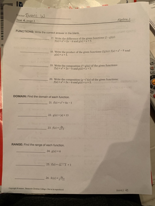 Solved Name Algebra 2 Test 4, page 3 FUNCTIONS: Write the | Chegg.com