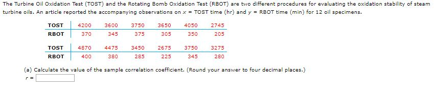 Solved The Turbine Oil Oxidation Test (TOST) and the | Chegg.com