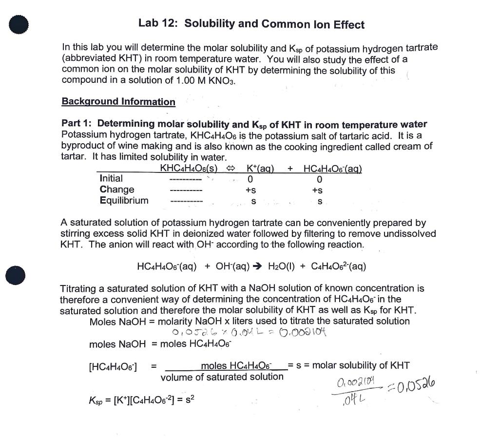 Solved Lab 12: Solubility and Common lon effect Date Data | Chegg.com