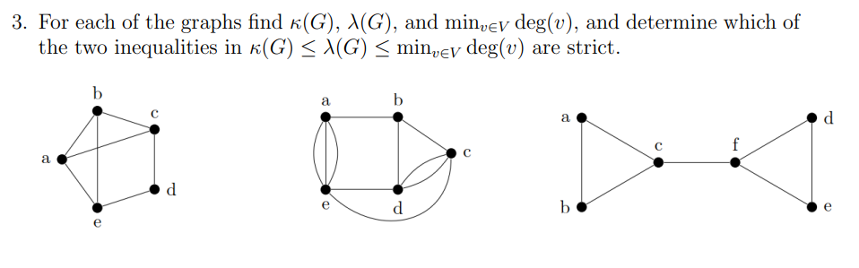 Solved 3. For each of the graphs find κ(G),λ(G), and | Chegg.com