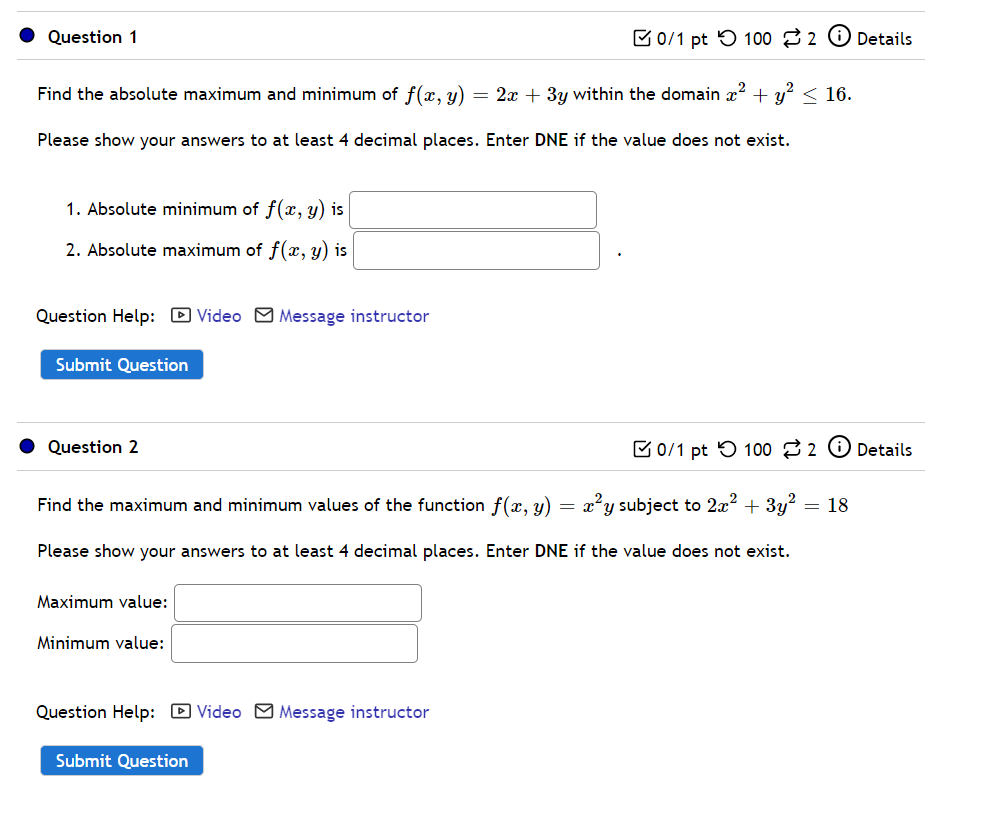Solved Find the absolute maximum and minimum of f(x,y)=2x+3y | Chegg.com